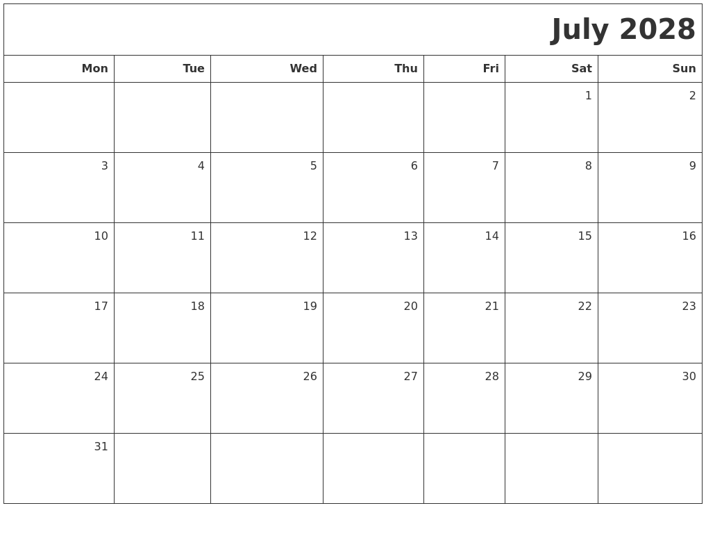 July 2028 Printable Blank Calendar