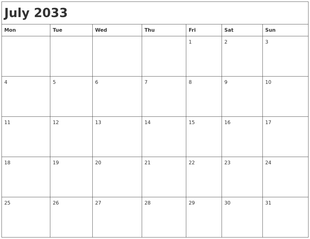 July 2033 Month Calendar