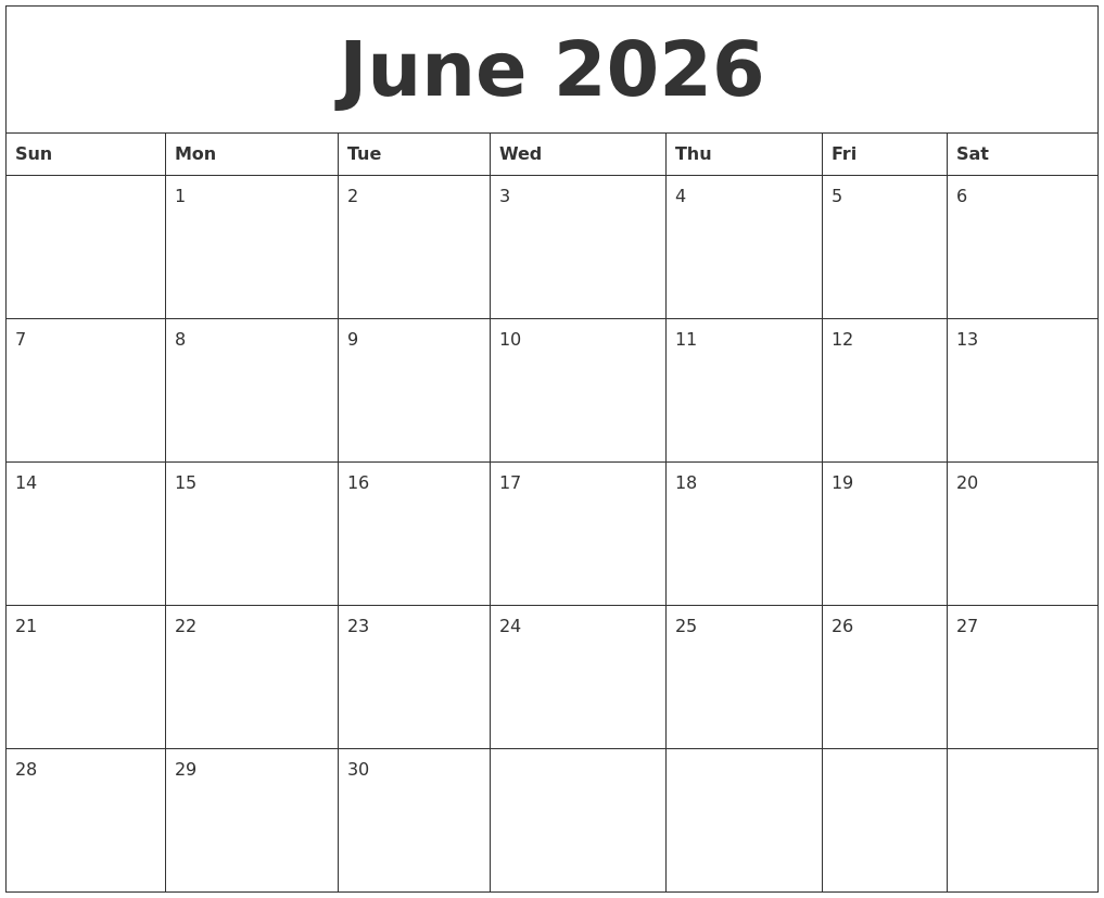 June 2026 Free Monthly Printable Calendar June 2026 Free Monthly Printable Calendar