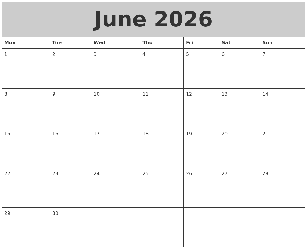 June 2026 My Calendar June 2026 My Calendar