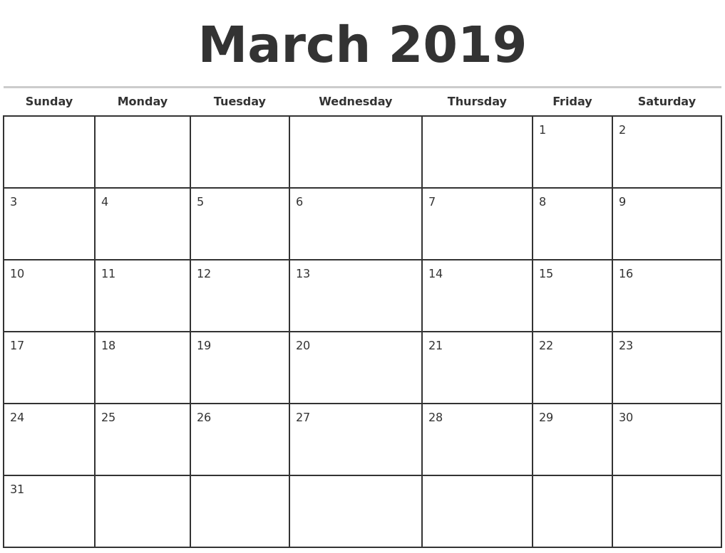 March 2019 Monthly Calendar Template March 2019 Monthly Calendar Template
