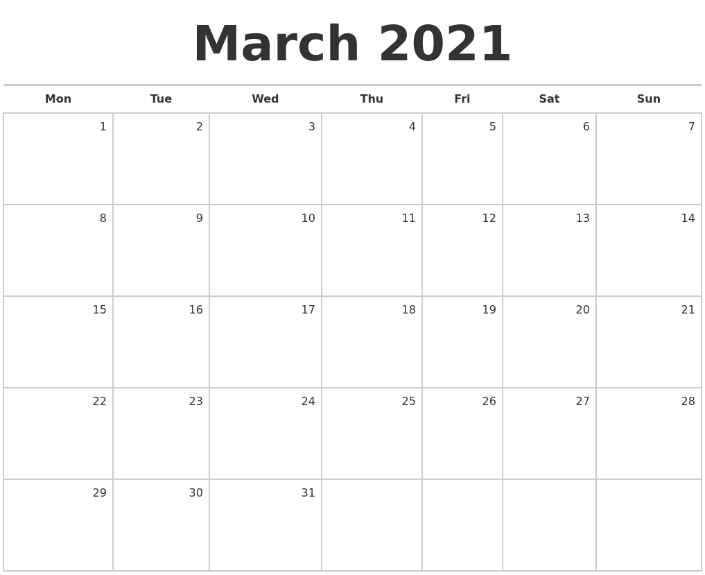 March 2021 Blank Monthly Calendar march-2021-blank-monthly-calendar