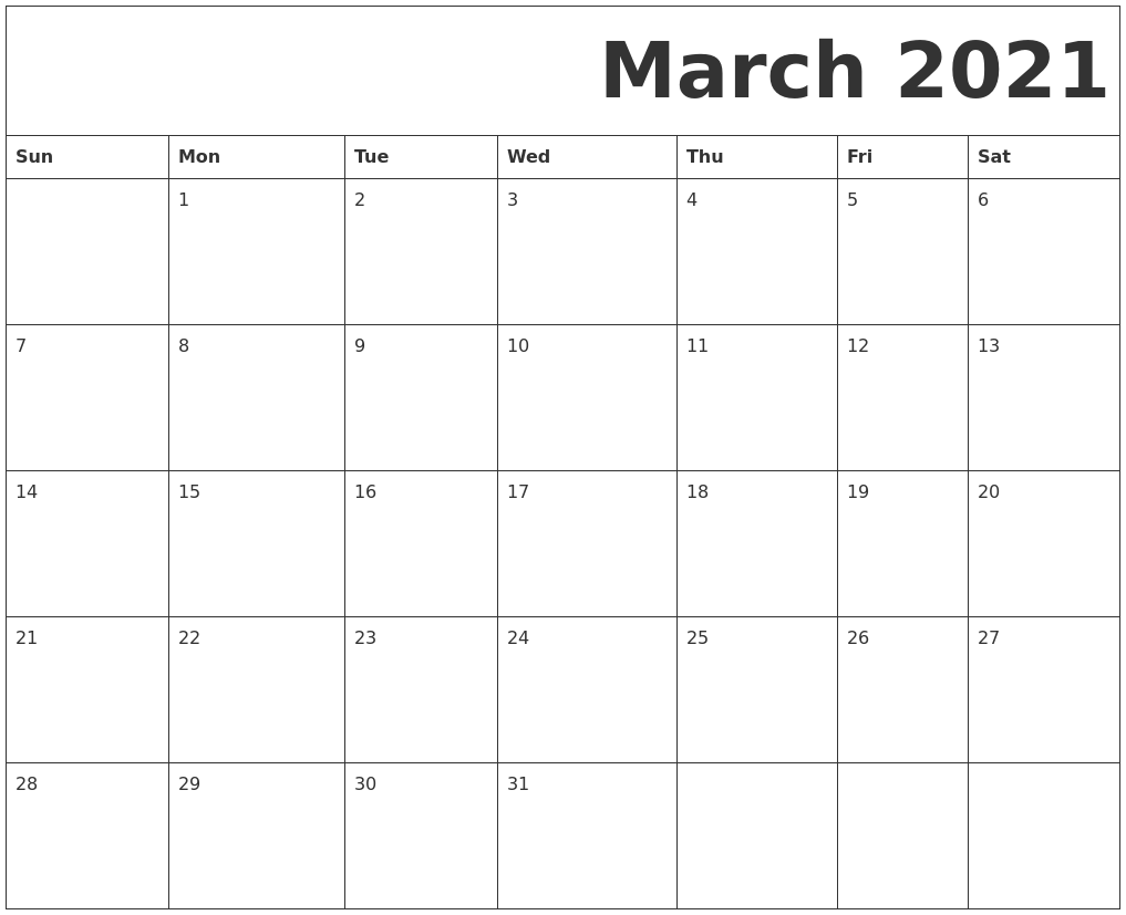 March 2021 Free Printable Calendar March 2021 Free Printable Calendar