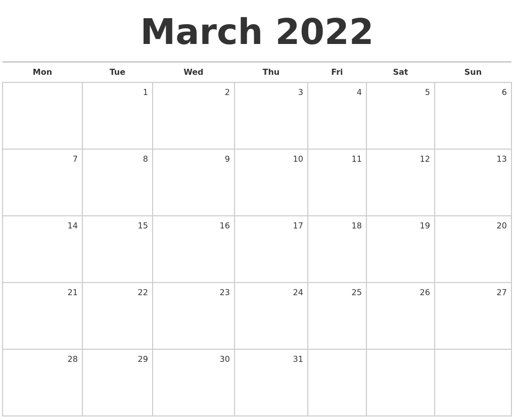 March 2022 Blank Monthly Calendar