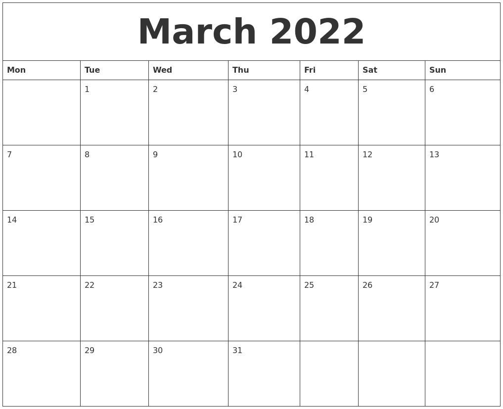 March 2022 Calendar Layout March 2022 Calendar Layout