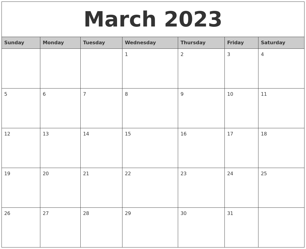 March 2023 Monthly Calendar Printable