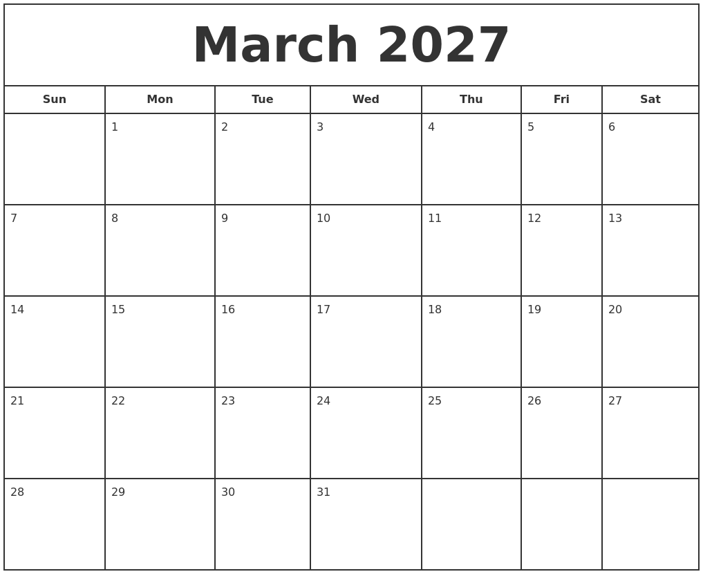 March 2027 Print Free Calendar