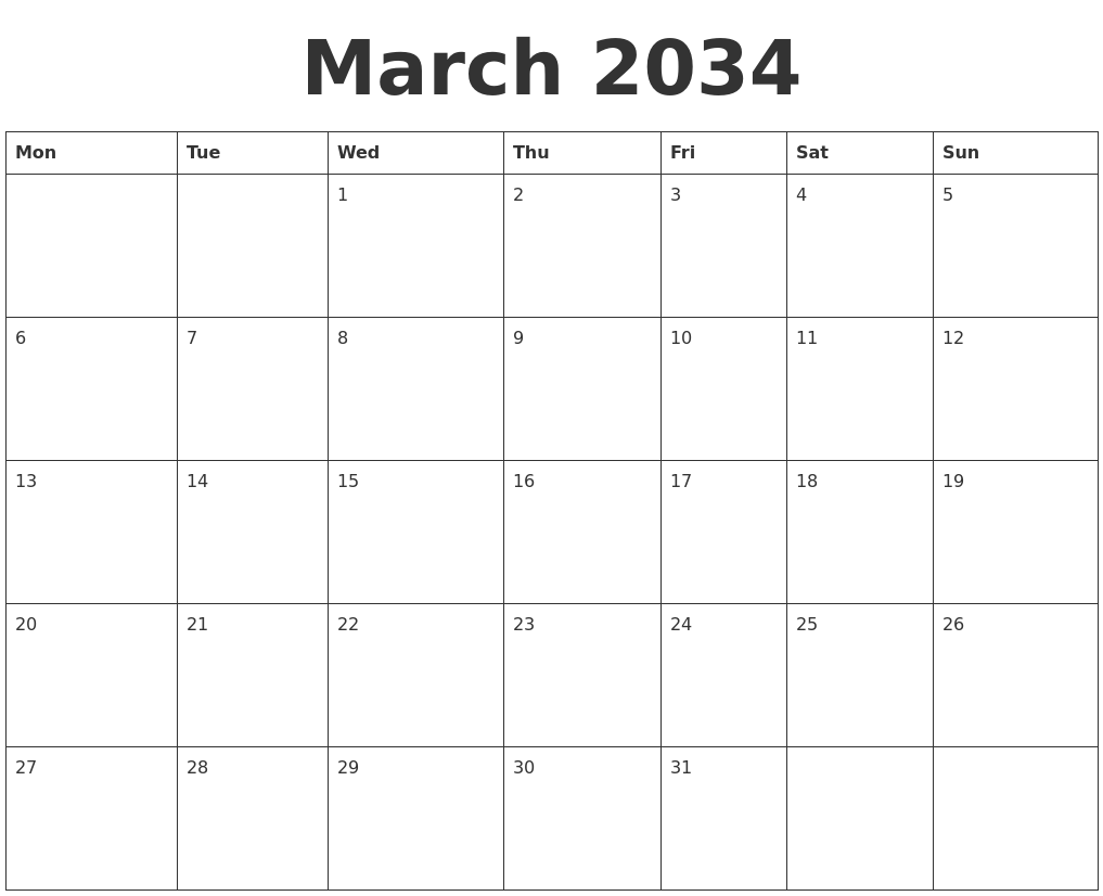 March 2034 Blank Calendar Template