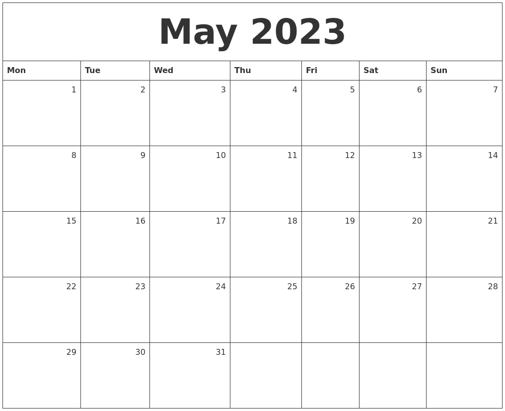May 2023 Monthly Calendar