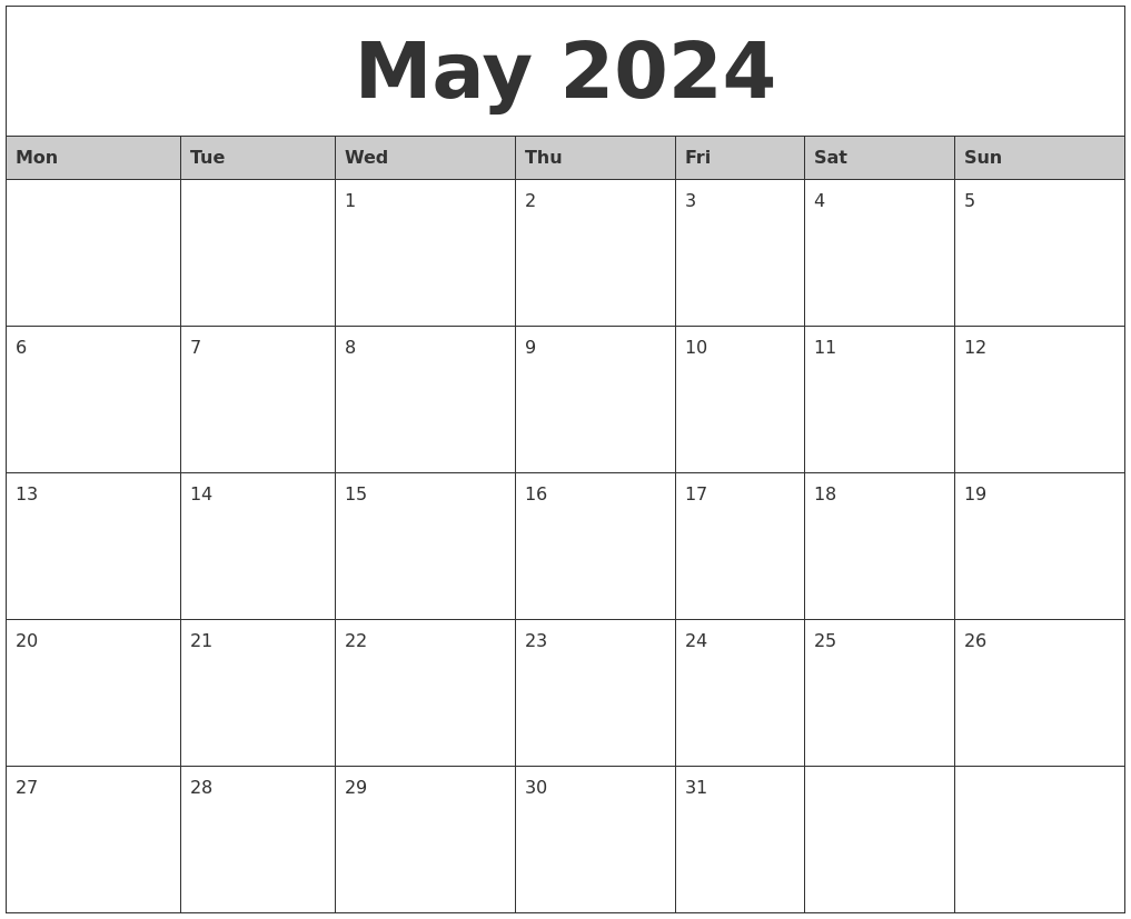May 2024 Monthly Calendar Printable May 2024 Monthly Calendar Printable