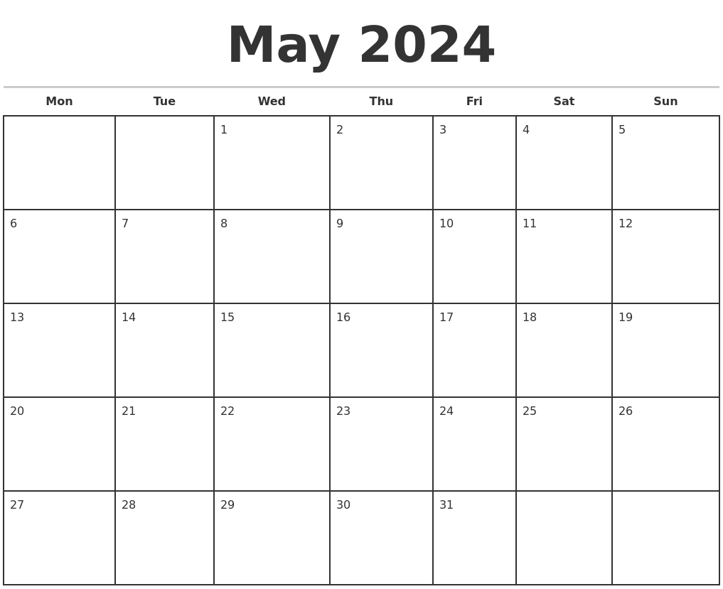 May 2024 Monthly Calendar Template May 2024 Monthly Calendar Template