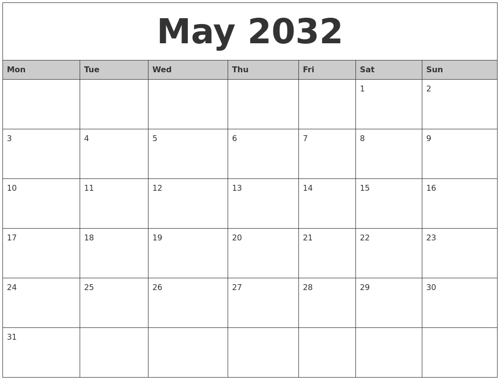 May 2032 Monthly Calendar Printable