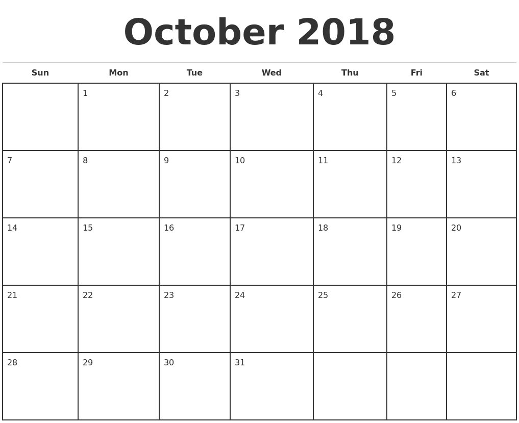 October 2018 Monthly Calendar Template