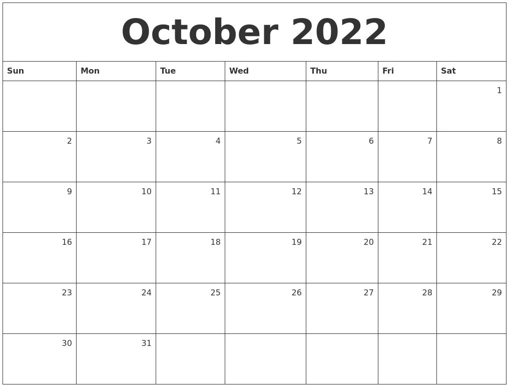 October 2022 Printable Monthly Calendar Gambaran