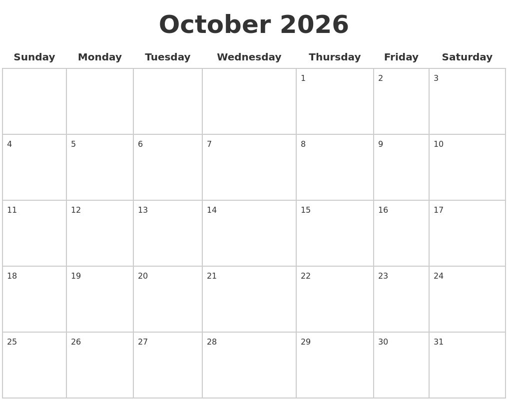 October 2026 Blank Calendar Pages