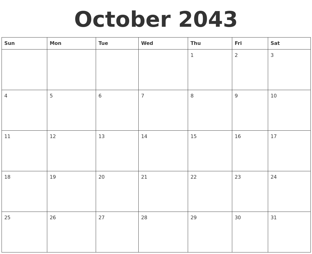 October 2043 Blank Calendar Template
