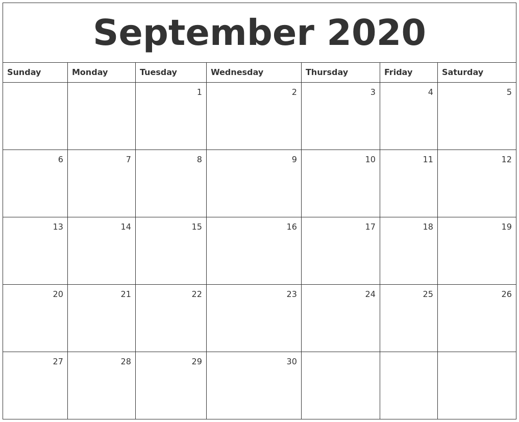 September 2020 Monthly Calendar September 2020 Monthly Calendar
