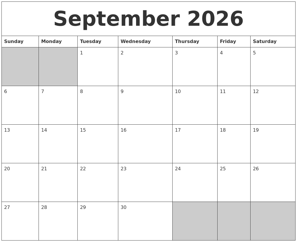 September 2026 Blank Printable Calendar September 2026 Blank Printable Calendar