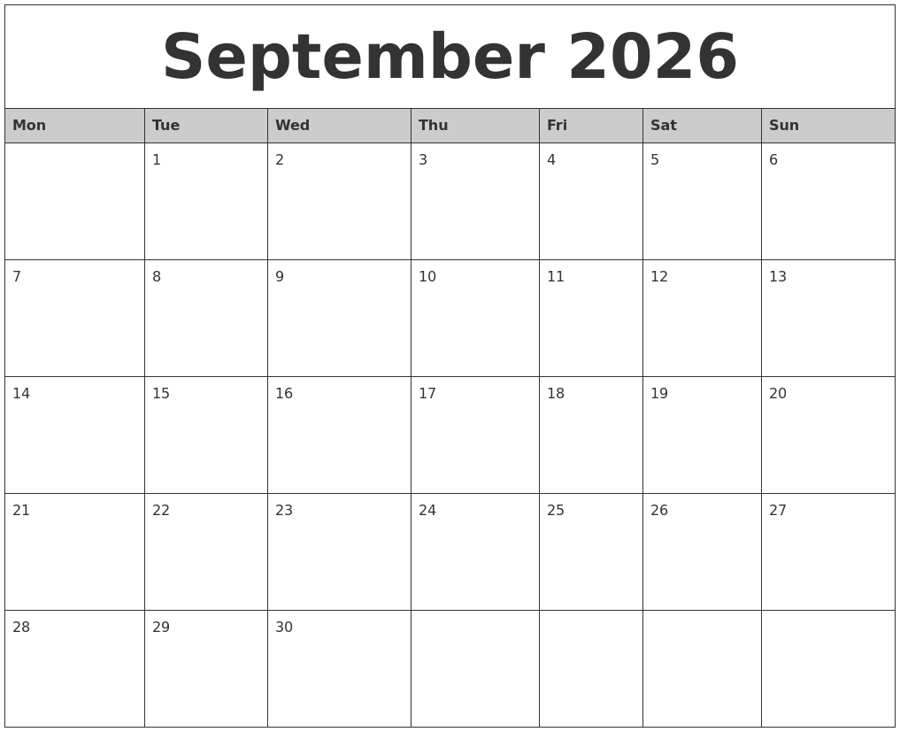 Printable Monthly Calendar September 2026 Calendars 123 Printable Monthly Calendar September 2026 Calendars 123