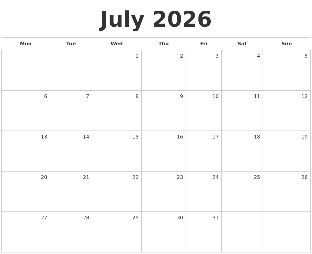 July 2026 Blank Monthly Calendar July 2026 Blank Monthly Calendar