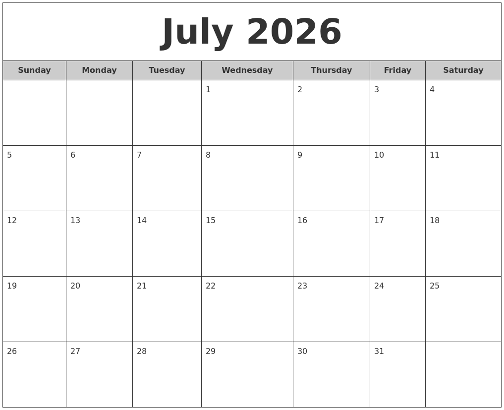 July 2026 Free Monthly Calendar July 2026 Free Monthly Calendar