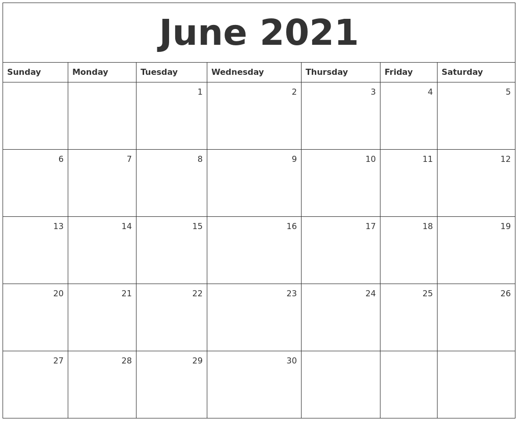 June 2021 Monthly Calendar