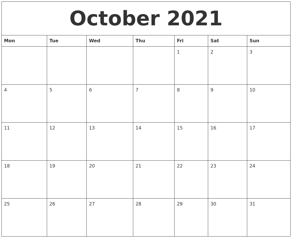 October 2021 Calendar Print Out