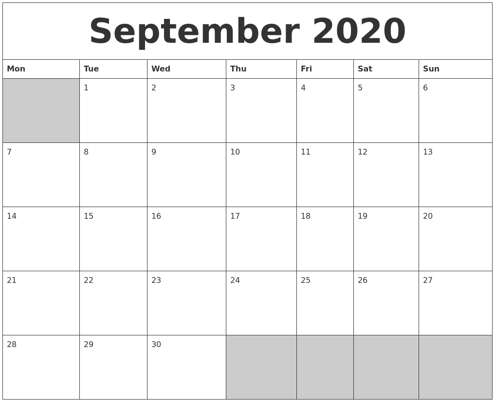 September 2020 Calendar Printable Monday Starting | Paul Smith